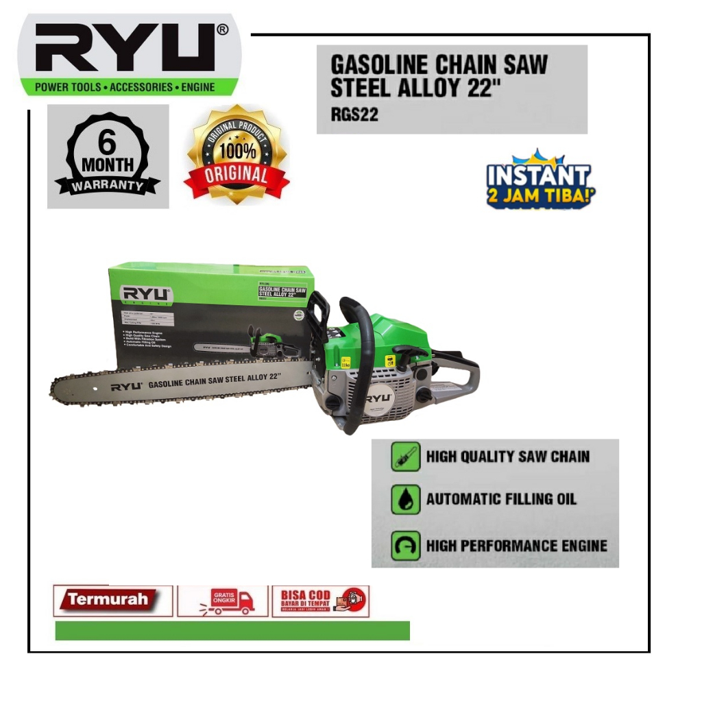 Jual RYU GASOLINE CHAIN SAW chainsaw 2 tak RGS 22 inch RGS22 engine ...