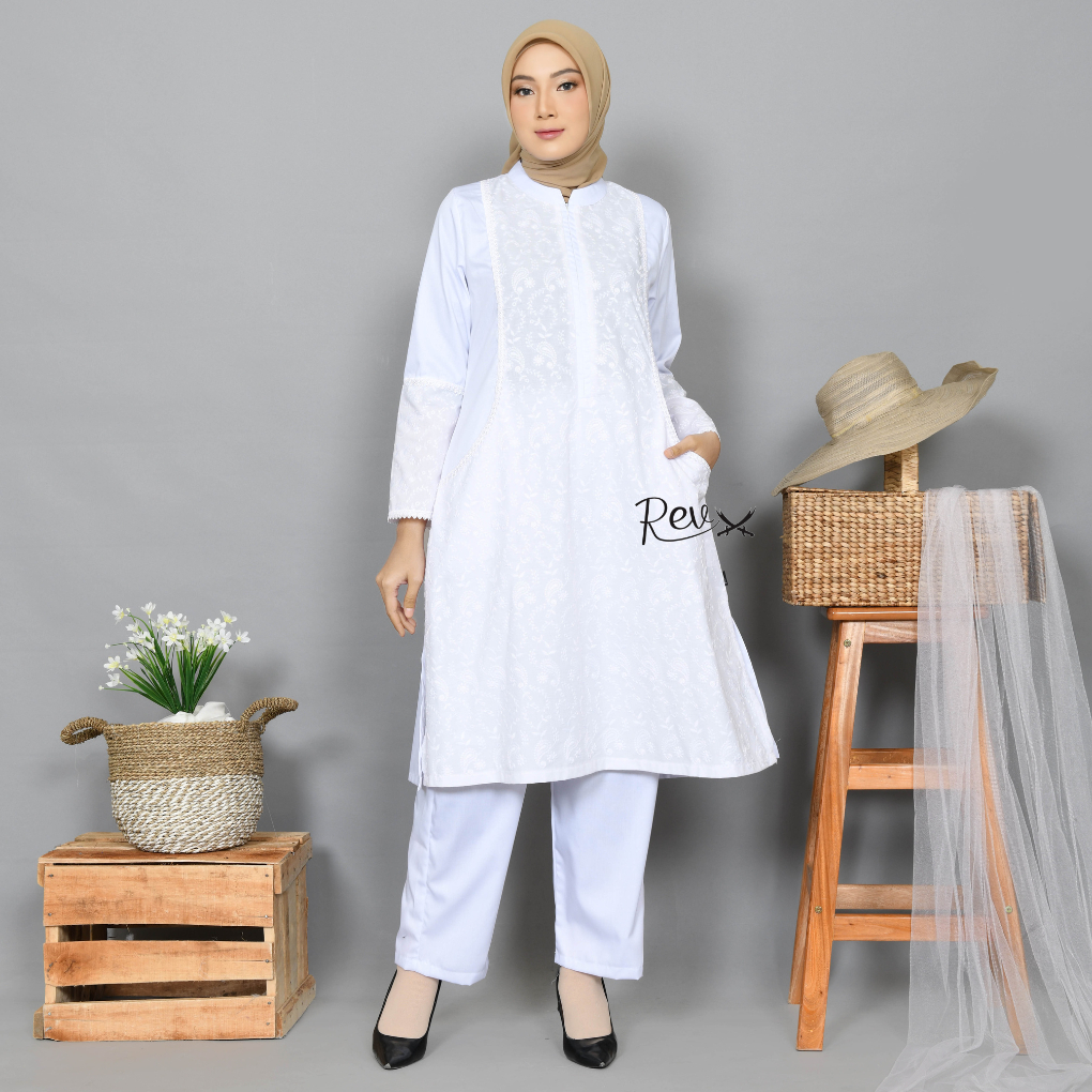 Jual REV - Setelan Tunik Putih Bordir Kombinasi Busana Umroh Haji ...
