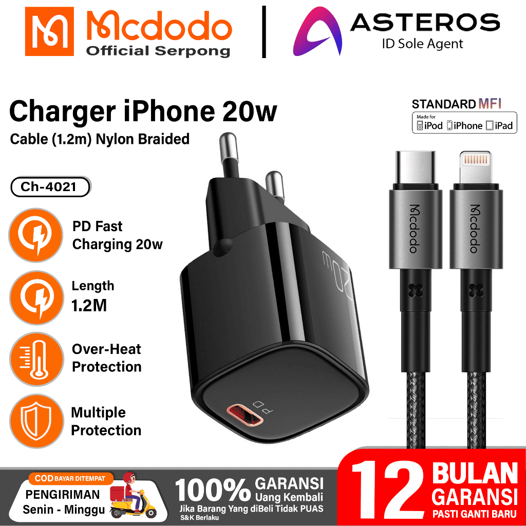 Jual MCDODO Charger For iPhone Fast Charging 20w PD Type C to Lightning 30 Menit Charger 50% ...