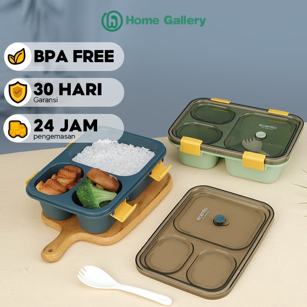 Jual ecentio Kotak Makan 3 Grid 850ml lunch box tempat sendok wadah bekal anti tumpah sup garpu ...