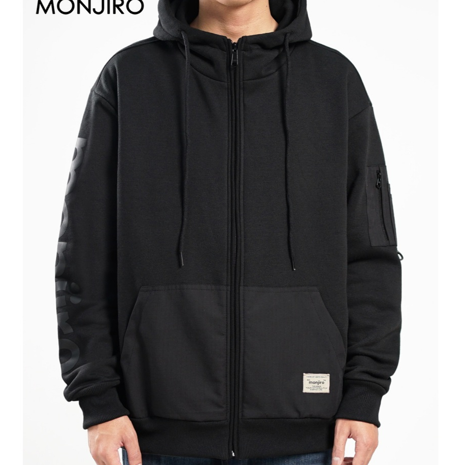 Jual Monjiro - Burrow - Sweater Hoodie Zip Up Hitam Cowok Premium Fleece Jaket Atasan Pria ...