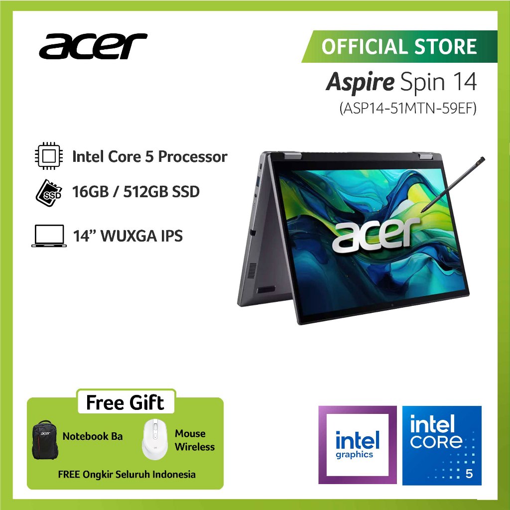 Jual (FREE STYLUS PEN & WIRELESS MOUSE) ACER LAPTOP 2 IN 1 ASPIRE SPIN ...