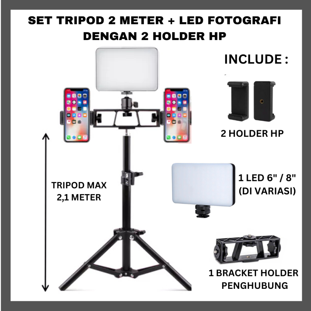 Jual Lampu Led 6 8 11 Inch Dan Tripod 2 Meter 2 Holder Hp Stand Phone Lighting Fotografi Konten ...