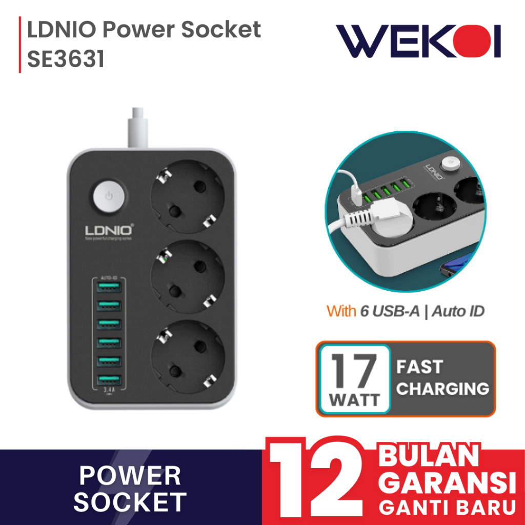 Jual Stop Kontak Smart Power Socket LDNIO SE3631 3 Socket 6 USB 3.4A Original untuk Gadget ...