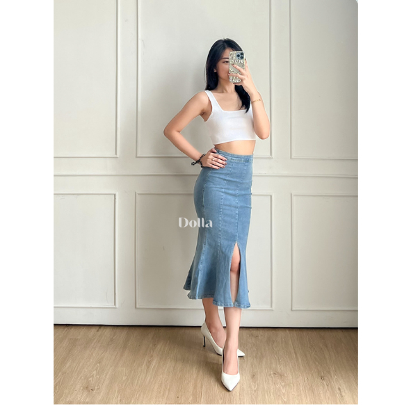 Jual DOLLA - Maki Jeans Mermaid Midi Skirt Stretchy J008 | Shopee Indonesia