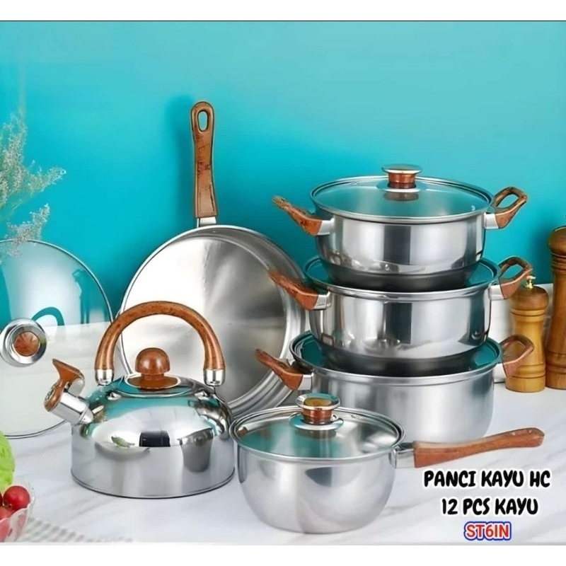 Jual 12 PCS COOKWARE PANCI SET STAINLESS STILL PANCI KAYU PANCIBMOTIF ...