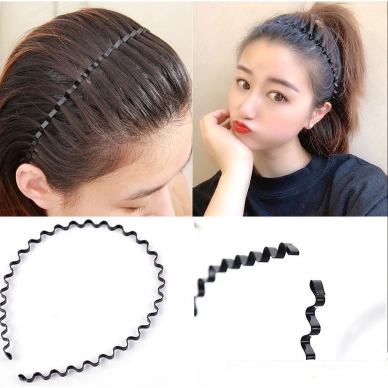 Jual Bando Korea Bentuk Gelombang Zigzag Hitam Polos Bandana Aksesoris ...