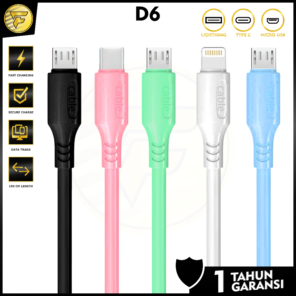 Jual Kabel data D6 Fast Charging Lightning Type C Micro USB 1 Meter ...