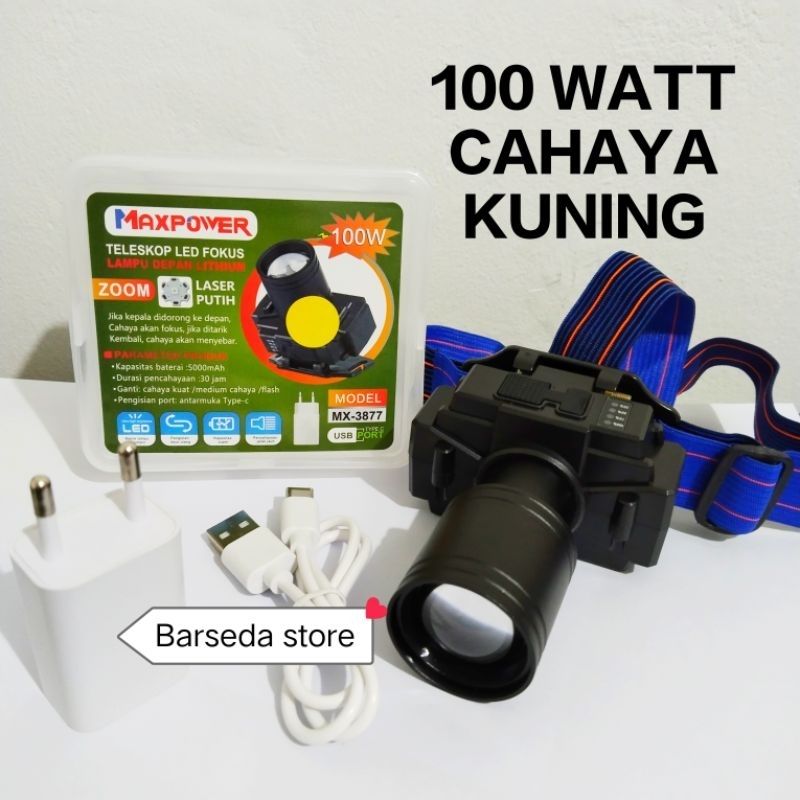 Jual Senter Kepala ZOOM 100 WATT Maxpower MX-3877 Cahaya PUTIH / KUNING ...
