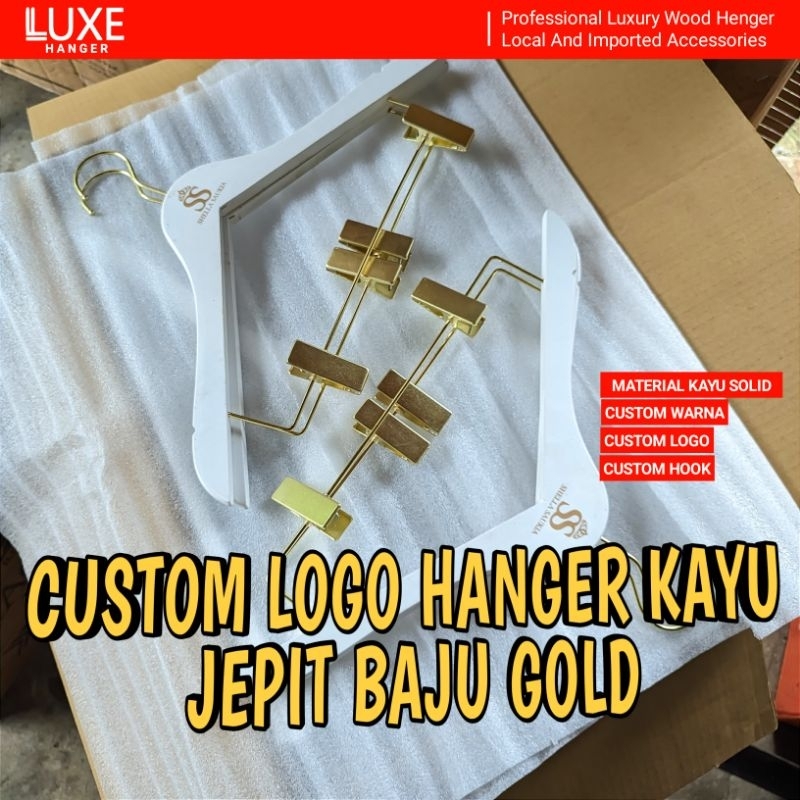 Jual CUSTOM LOGO hanger kayu jepit baju gold | Shopee Indonesia