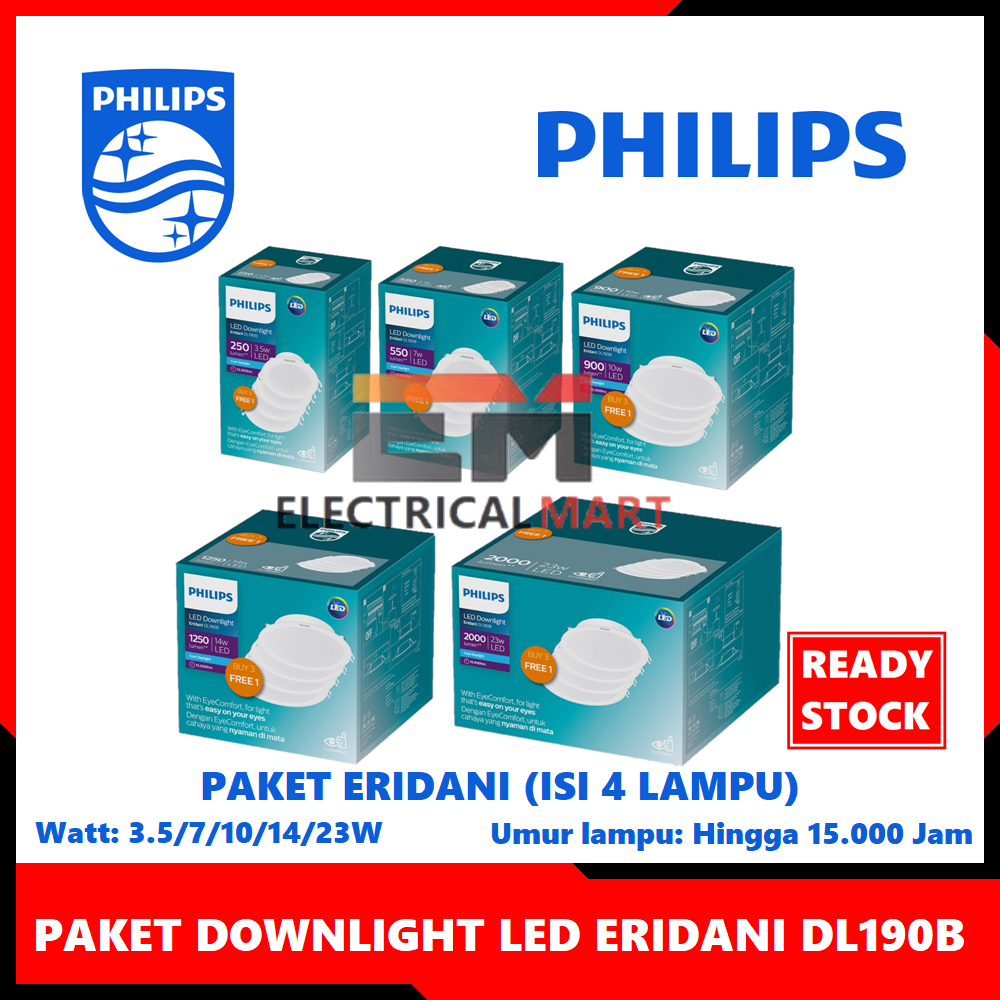 Jual (PAKET ISI 4 LAMPU) PHILIPS LED Downlight Eridani Multipack 3,5 7 ...