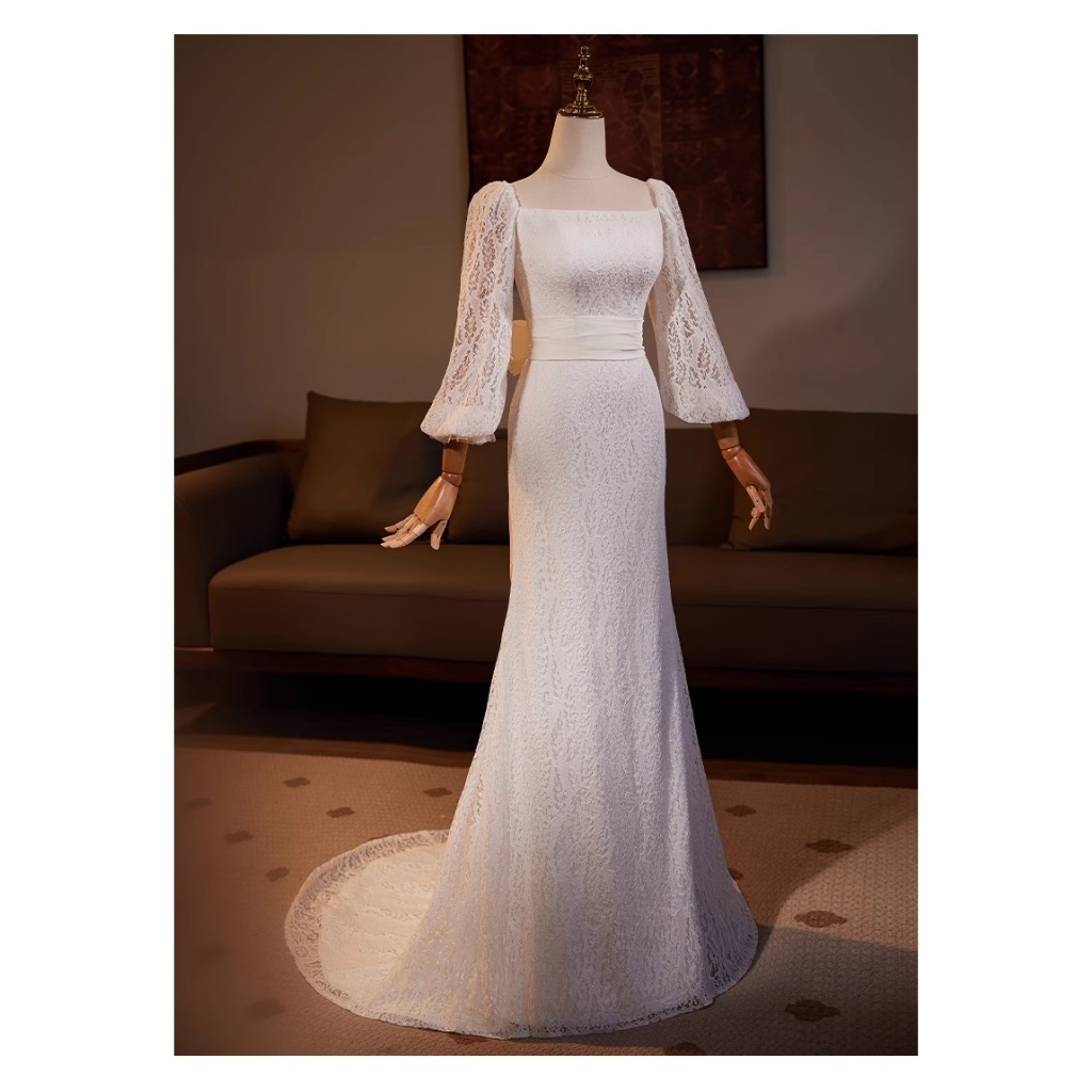 Jual Gaun Pengantin 2408002 Putih Lengan Panjang Leher Persegi Mermaid ...