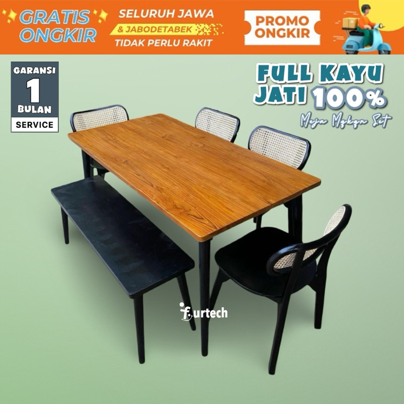 Jual Set Meja Makan Kayu Jati Minimalis 4 Kursi Cafe dan 1 Bangku Panjang Retro Scandinavia ...