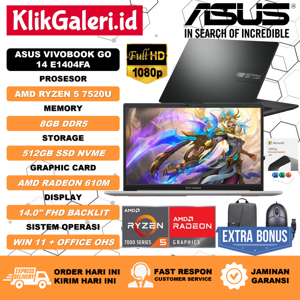 Jual Laptop ASUS Vivobook GO 14 E1404FA Amd Ryzen 5 7520U 8GB DDR5 ...