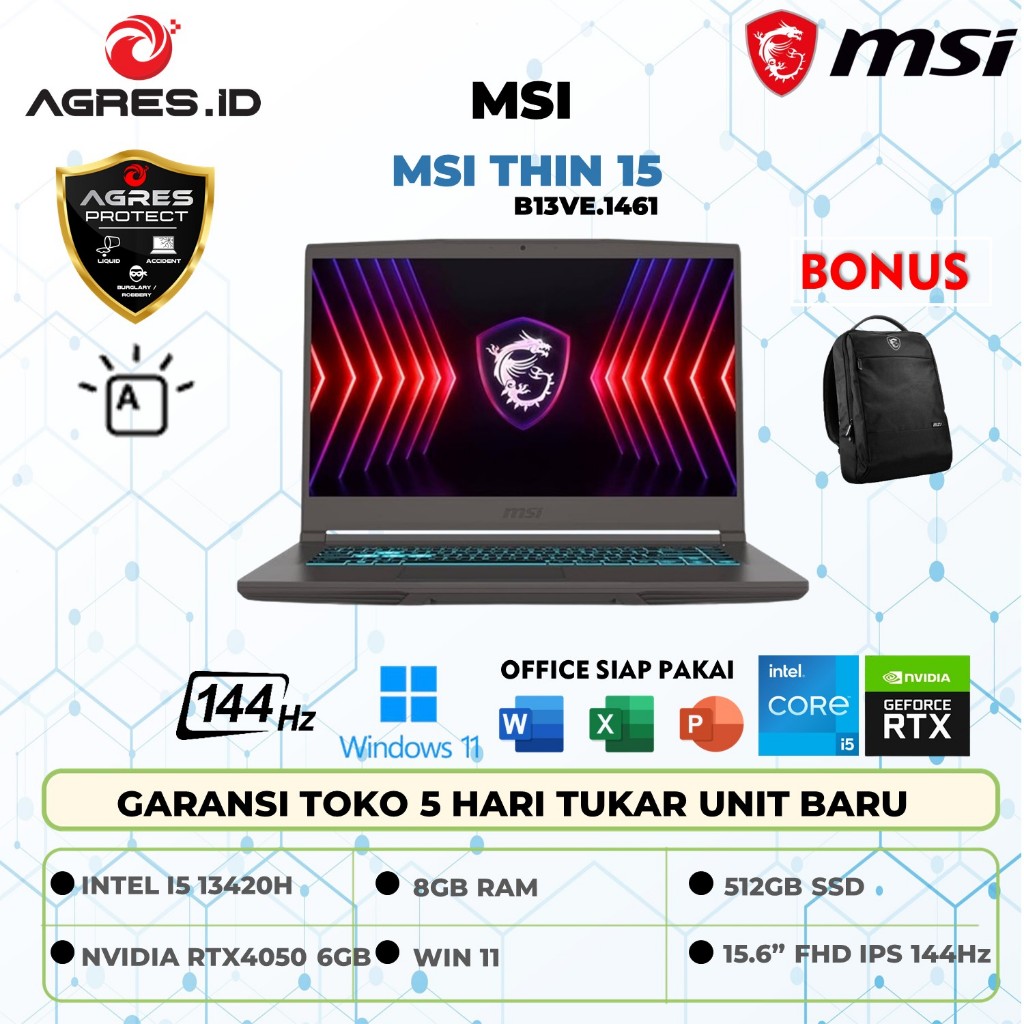 Jual MSI THIN 15 I5 13420H RTX4050 6GB/ 8GB 512GB W11 15.6FHD 144HZ BLIT 2Y GRY - B13VE.1461 ...