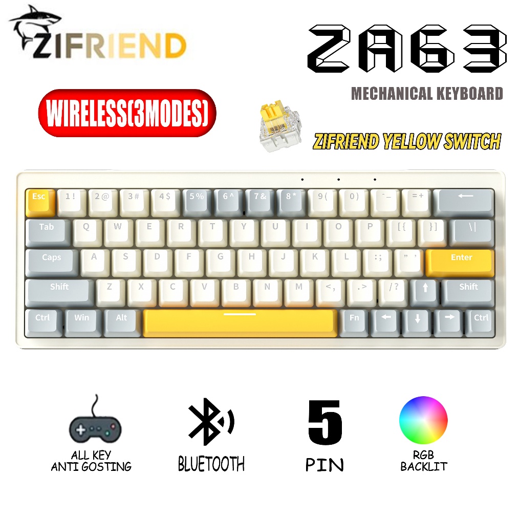 Jual ZIFRIEND ZA63 Mechanical Keyboard 5Pin Hotswap 3 Modes 63 Keys ...