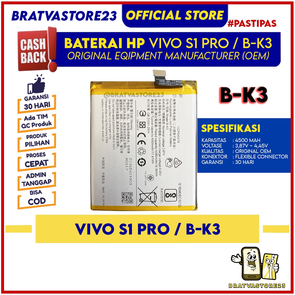 Jual Baterai Vivo S1 Pro B-K3 1920 Batre Batrai Battery Hp BK3 Original ...