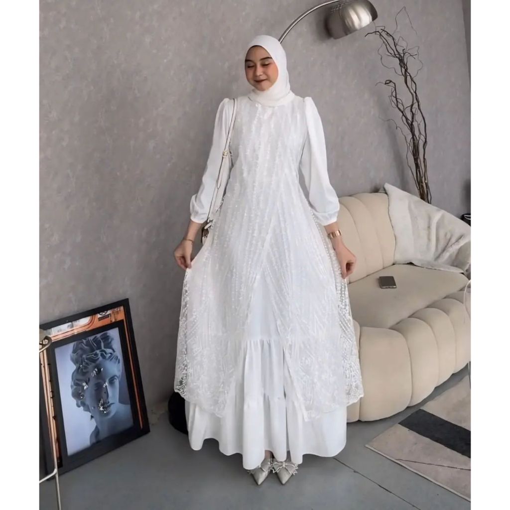 Jual Gamis Wanita Warna Putih Mewah Anggun Dress Bahan Velvet Mix Brukat Gamis Kondangan Pesta ...