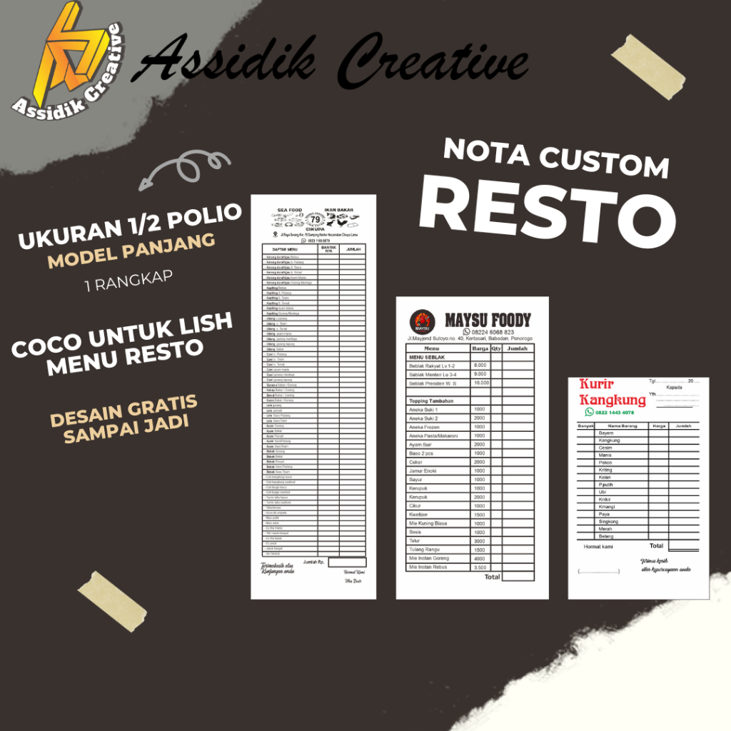 Jual Nota Custom Restoran Nota List Menu Resto 1/2 Polio Model Panjang ...