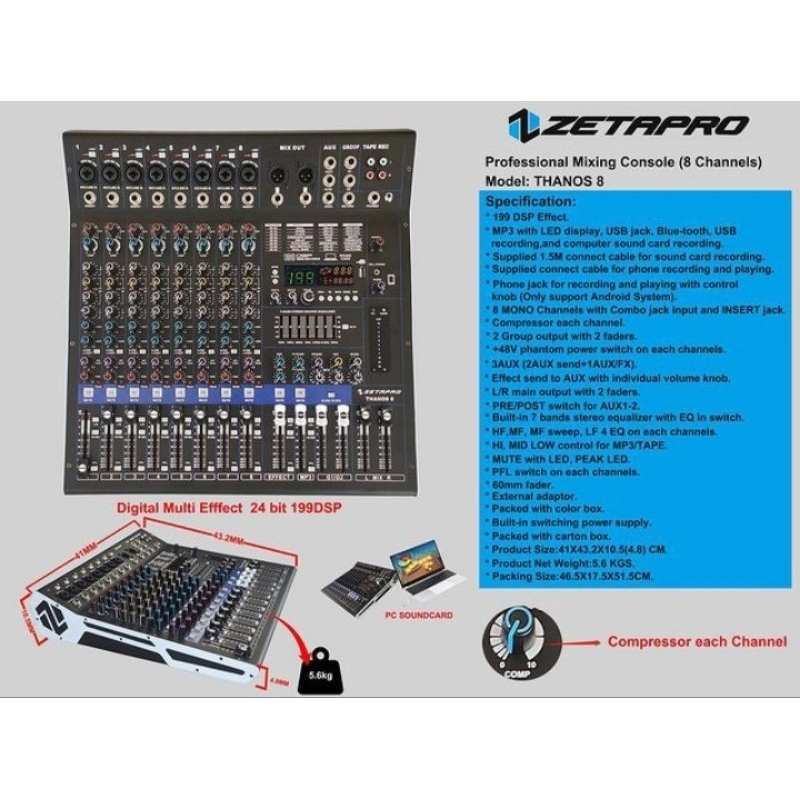 Jual ZETAPRO MIXER AUDIO THANOS 8 NEW/THANOS 8/MIXER 8 CHANEL ORIGINAL(FREE KABEL MIC 10 & 2PC ...
