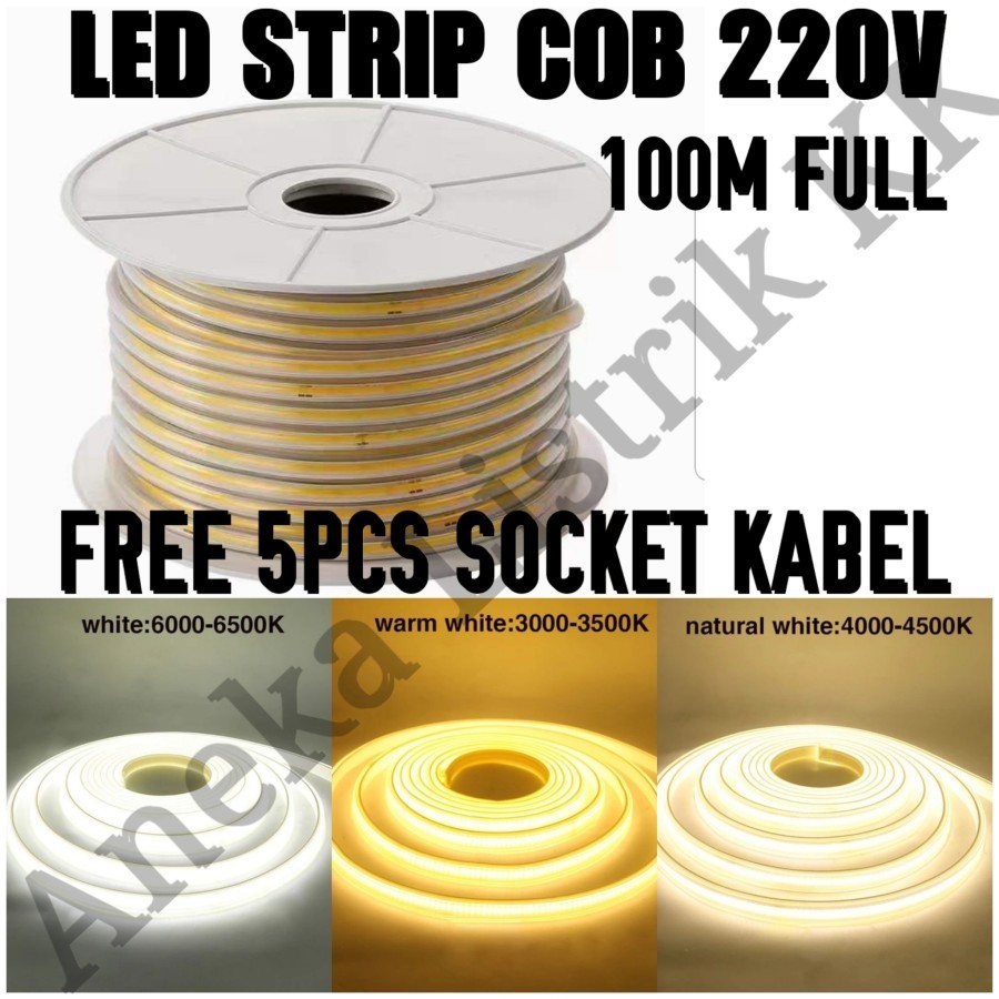 Jual LAMPU LED STRIP COB 220V 100M FLEXIBLE OUTDOOR PUTIH 6500K NATURAL ...