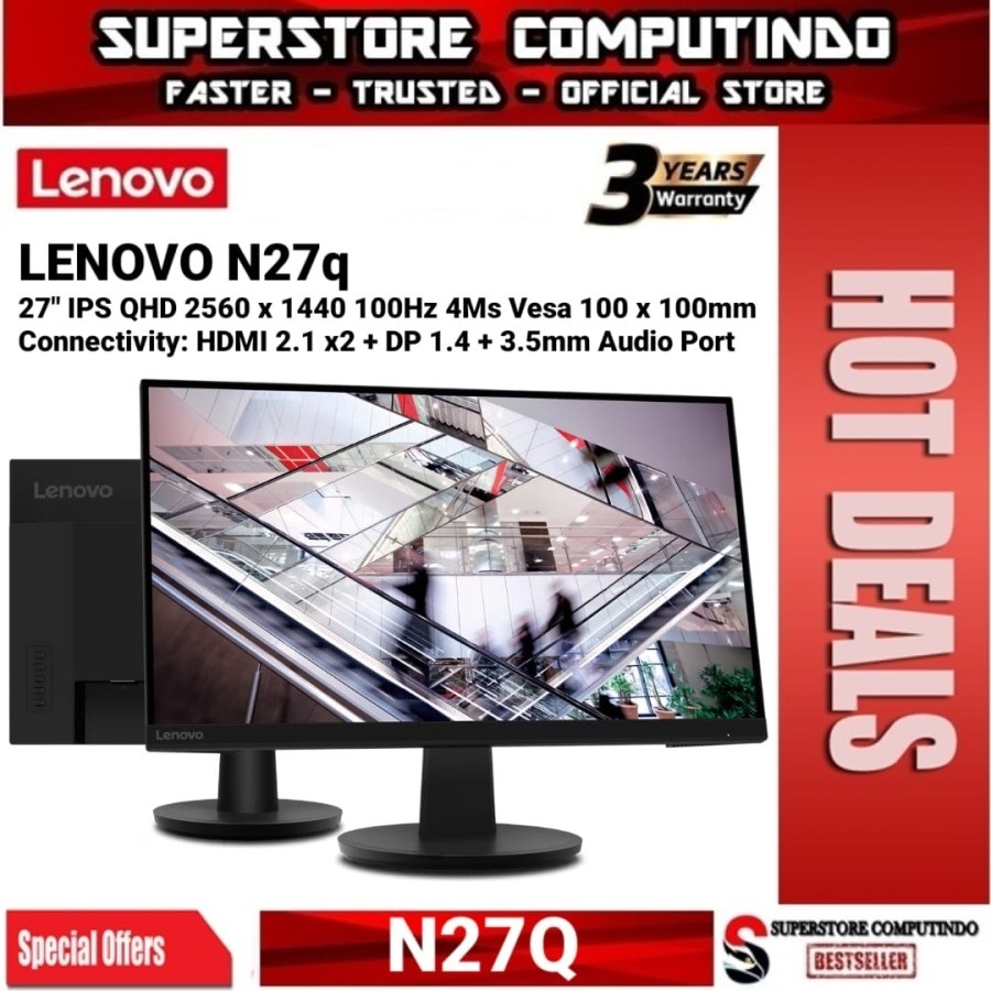 Jual Monitor LED Lenovo N27q 27" IPS 1440p 2K QHD 100Hz HDMI 2.1x2 DP 1 ...