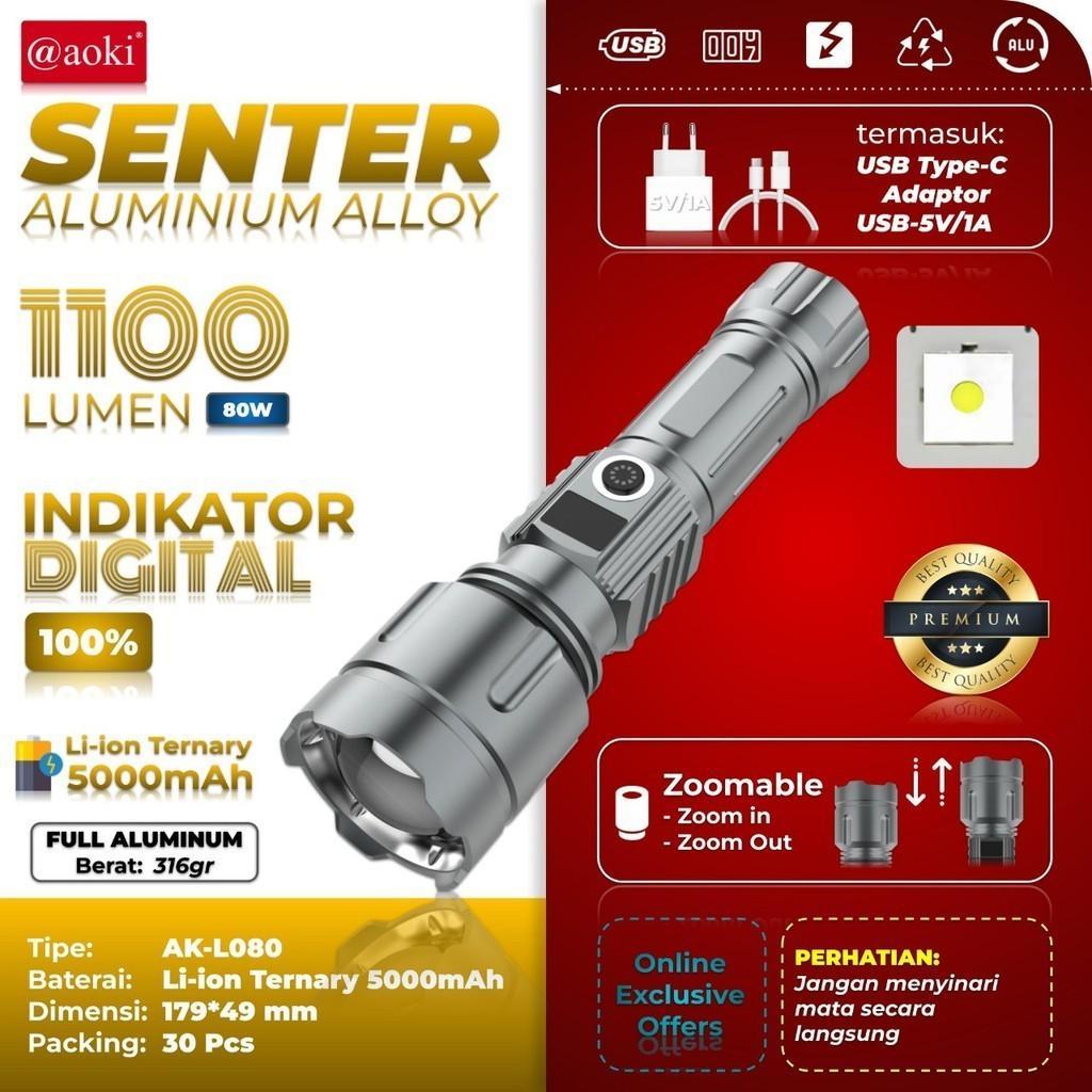 Jual Senter Tangan LED Zoom 80 Watt 1100 Lumen Aoki AK-L080 Cahaya Putih Waterproof Super Terang ...