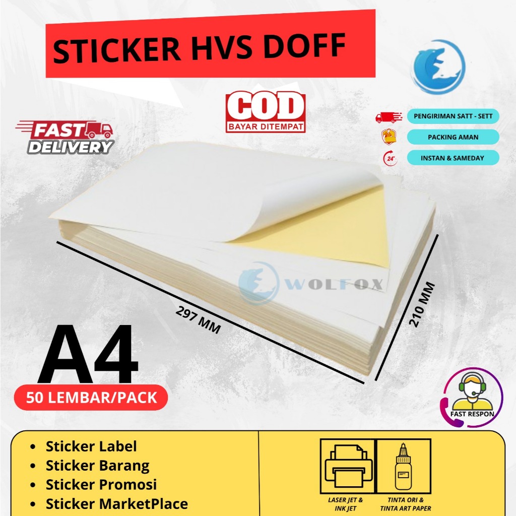 Jual STICKER HVS A4 ISI 50 LEMBAR / KERTAS STIKER HVS INKJET DOFF A4 ...