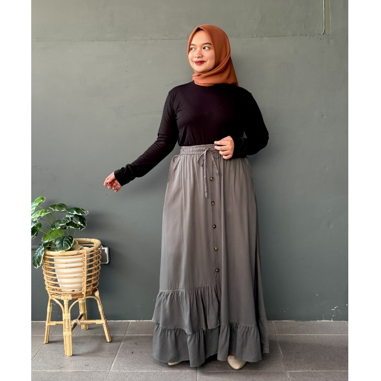 Jual Rok Katun Polos Panjang Muslim wanita Rempel A-line Ruffles ...