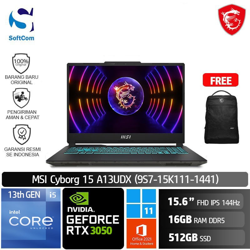 Jual MSI Cyborg 15 A13UDX 1441 i5 13420H/16GB/512GB SSD/RTX3050/15.6" FHD/W11 | Shopee Indonesia