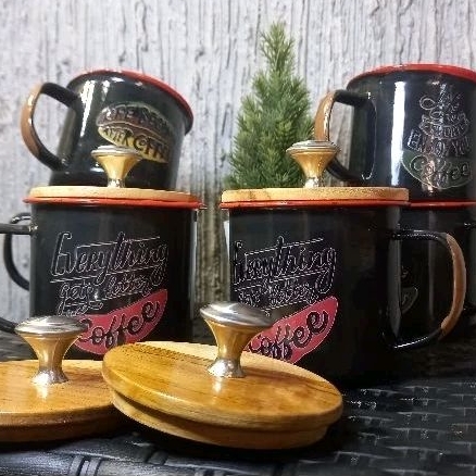 Jual Gelas Enamel hitam estetik Paket Lengkap dengan tutup dan warna ...