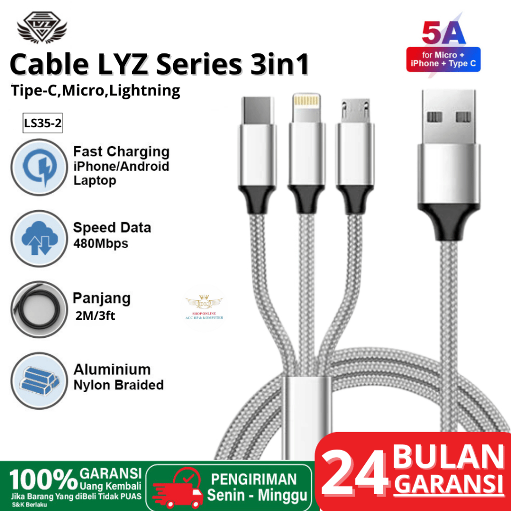 Jual Kabel lyz 3 in 1 2m ls35-2 fast charging (micro tipe c lightning) | Shopee Indonesia