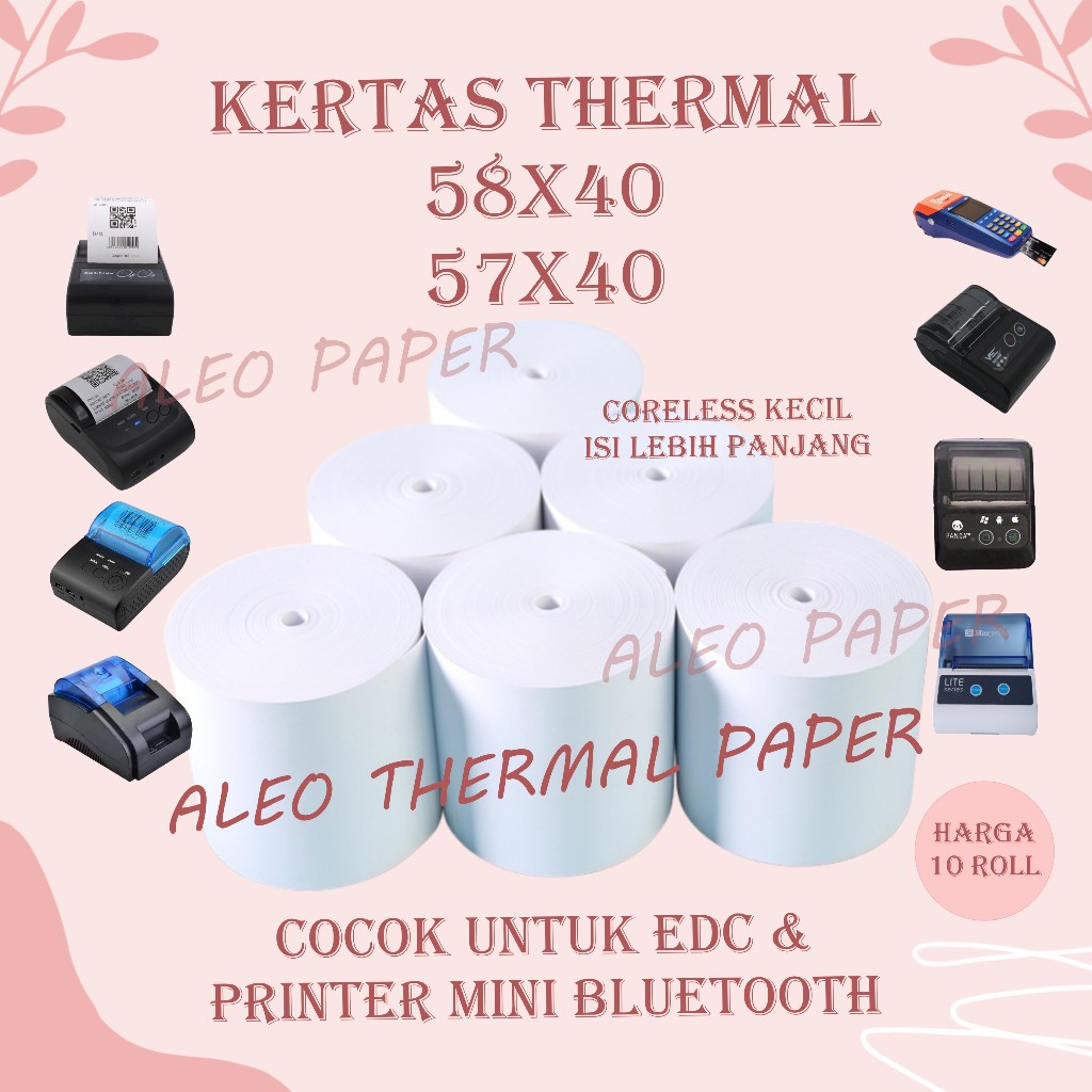 Jual 10 ROLL KERTAS THERMAL STRUK KASIR / PPOB PAPER ROLL 58X40 / 57X40 CORELESS TERMAL POS ...