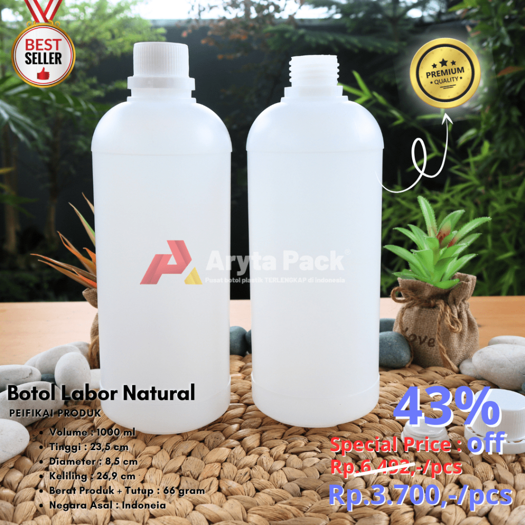 Jual Botol plastik HDPE 1liter 1000ml labor agro natural minuman madu kimia handsanitizer tutup ...