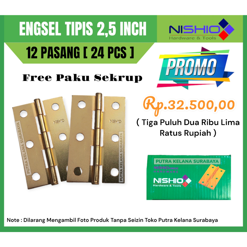 Jual [ 12 SET / 24 PCS ] Engsel Tipis Kuning Nishio 2,5 inch / Engsel ...