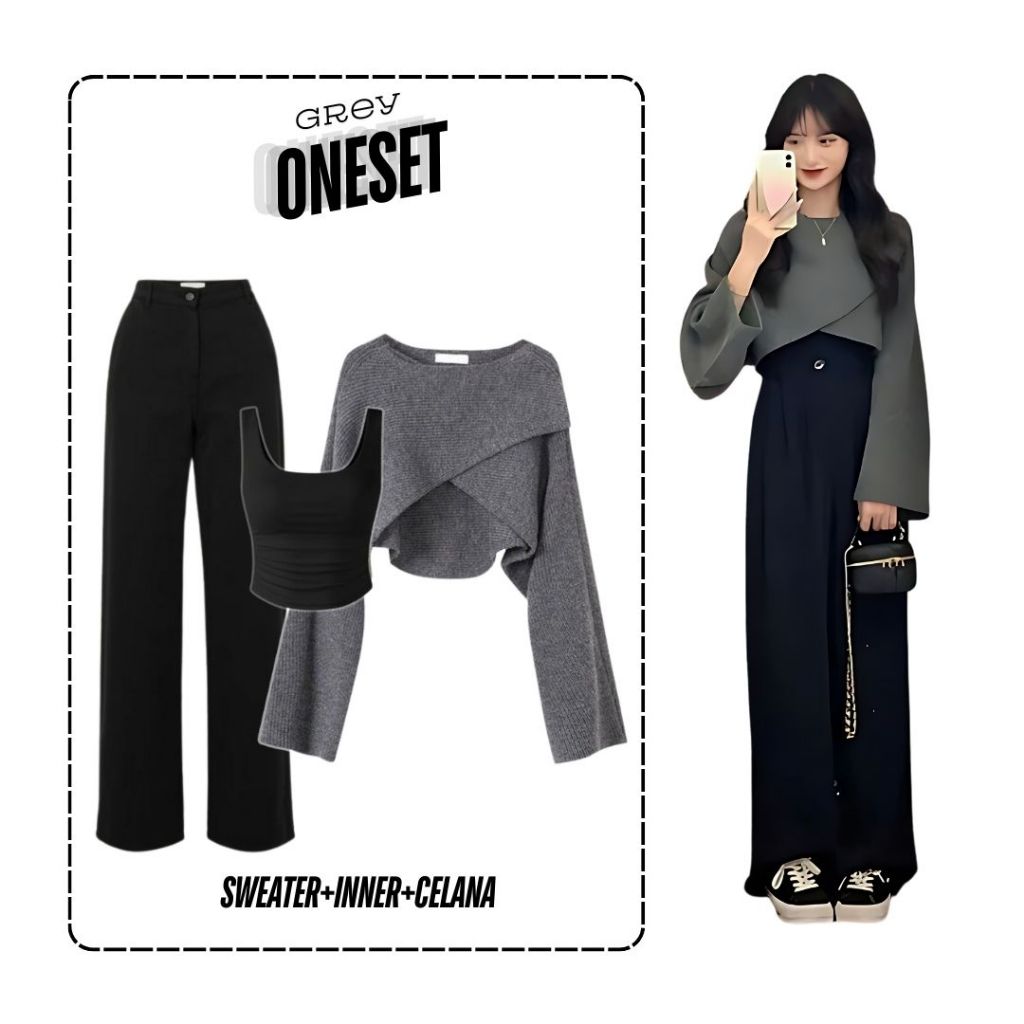 Jual 3in1 one set outfit wanita korean style kekinian | setelan ootd sweater rajut outwear ...
