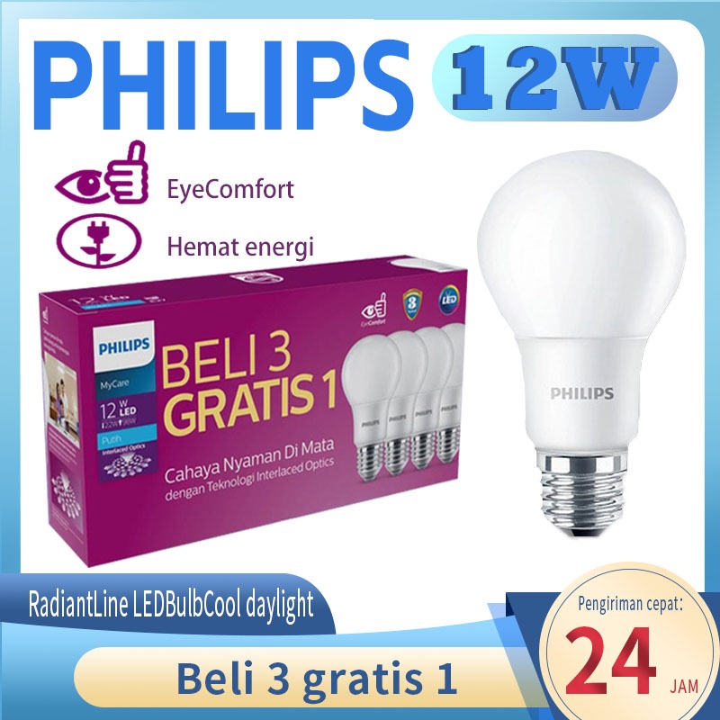 Jual 【Beli 3 gratis 1】Lampu LED Philips 11W 12W 13W Bulb 6500K Putih ...