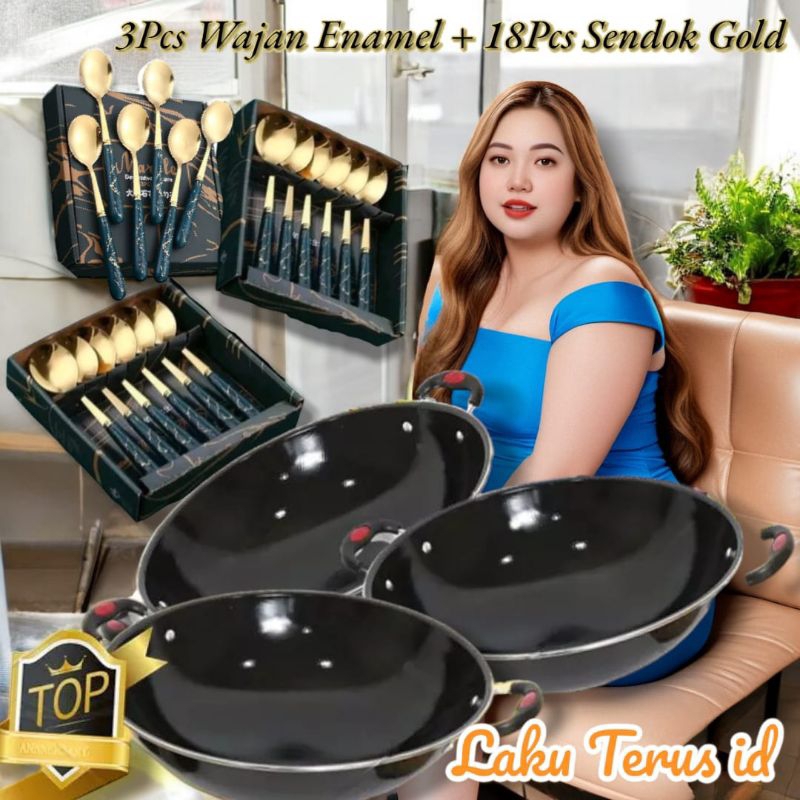 Jual LT 004 Paket Rizky.Chikay 3 Wajan Enamel 18 Sendok Gold Packing ...