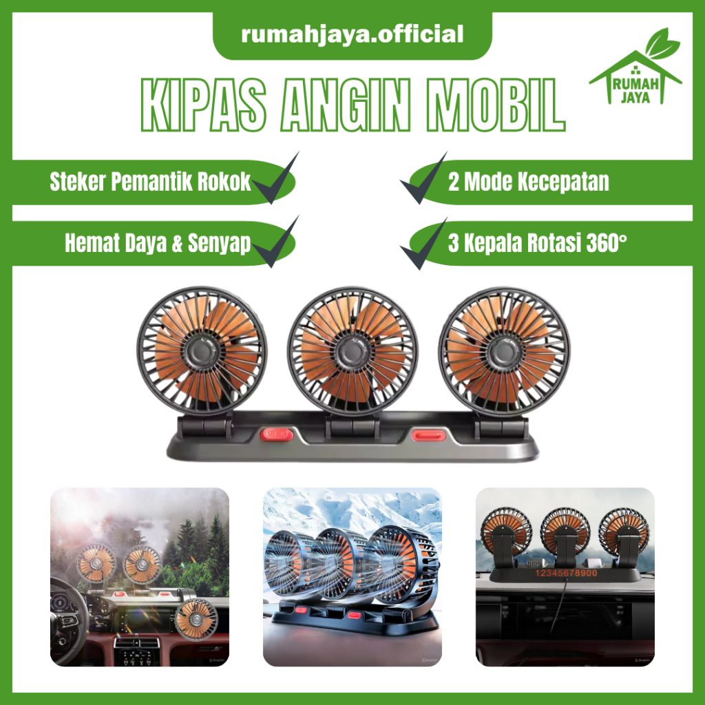 Jual RJO - Kipas Angin Mobil 3 Kepala 12V/24V / Kipas Dashboard Rotasi ...