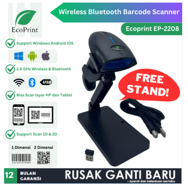 Jual BARCODE SCANNER ECOPRINT 1D 2D USB BLUETOOTH WIRELESS | Shopee ...