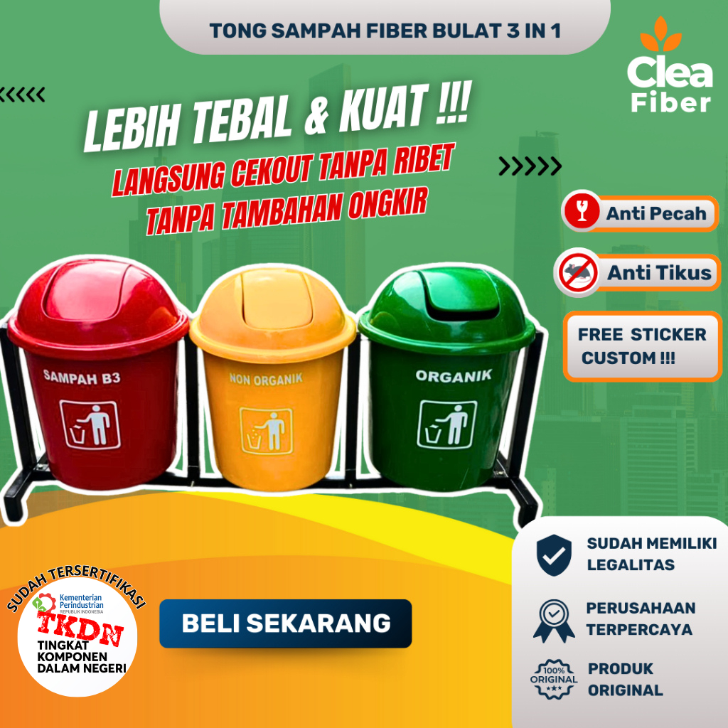 Jual TEMPAT SAMPAH FIBER 3 PILAH BULAT ORGANIK, ANORGANIK, B3 50 LITER ...