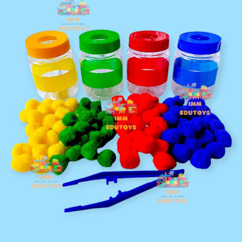 Jual Busy jar Mainan Edukasi Pompom Paket Sorting Color 4 Set Botol ...