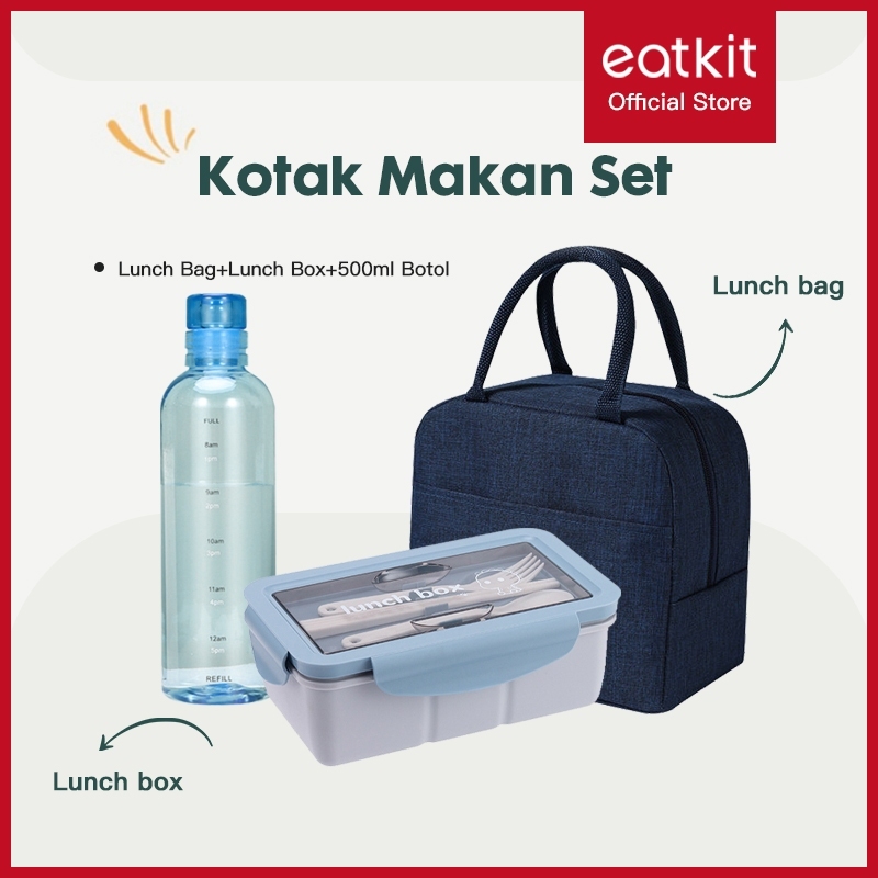 Jual Eatkit Paket 3 In 1 Kotak Makan + Tas Bekal + Botol Minum I 3 In 1 Lunch Box Set | Shopee ...