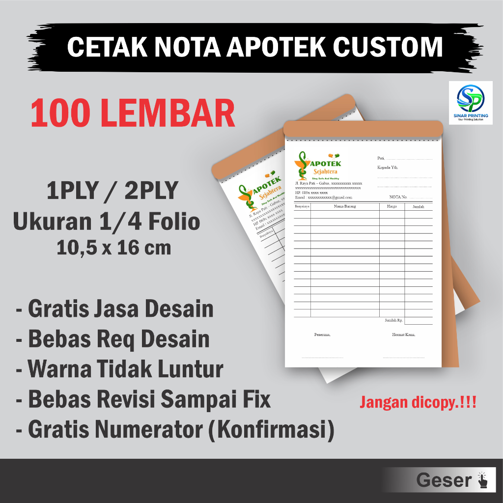 Jual Cetak Nota Apotek Custom Ukuran 1/4 Folio 1 Rangkap 2 Rangkap free ...