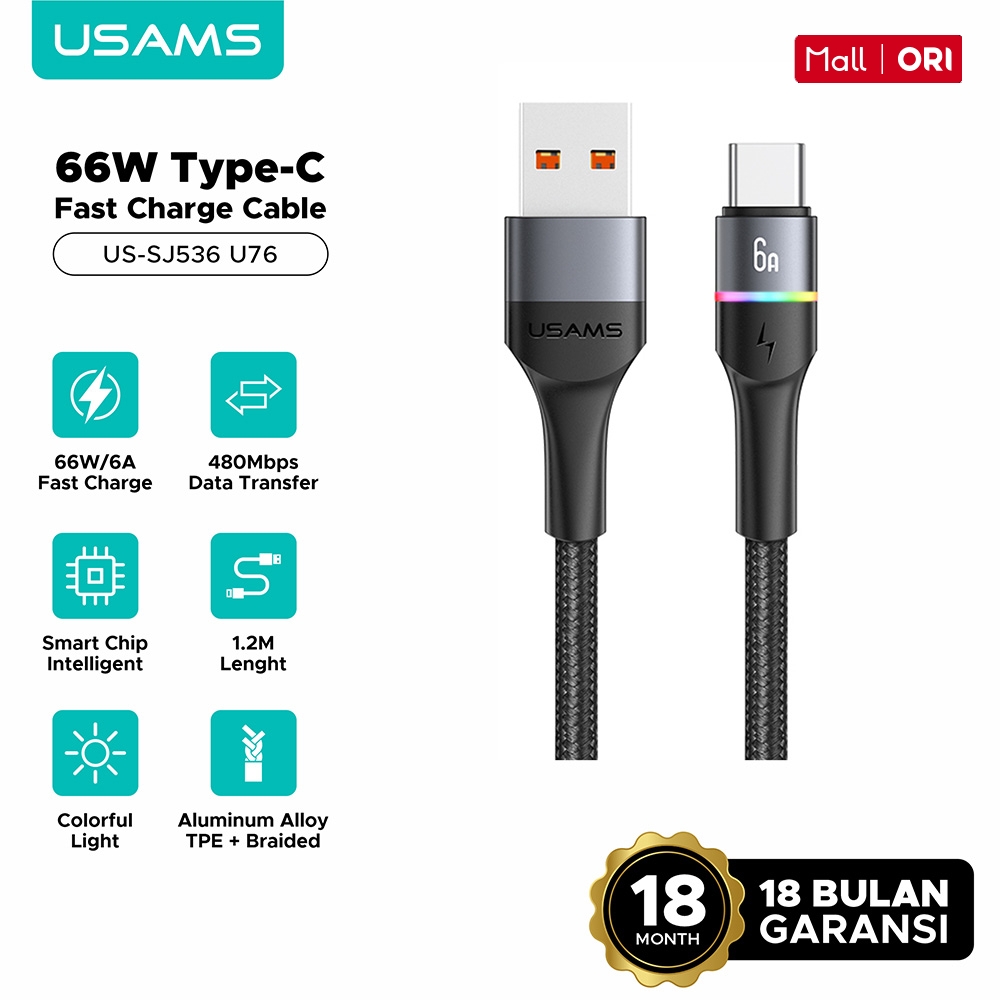 Jual USAMS Kabel Charger Type-C 6A Fast Charging Cable with Colourfull ...