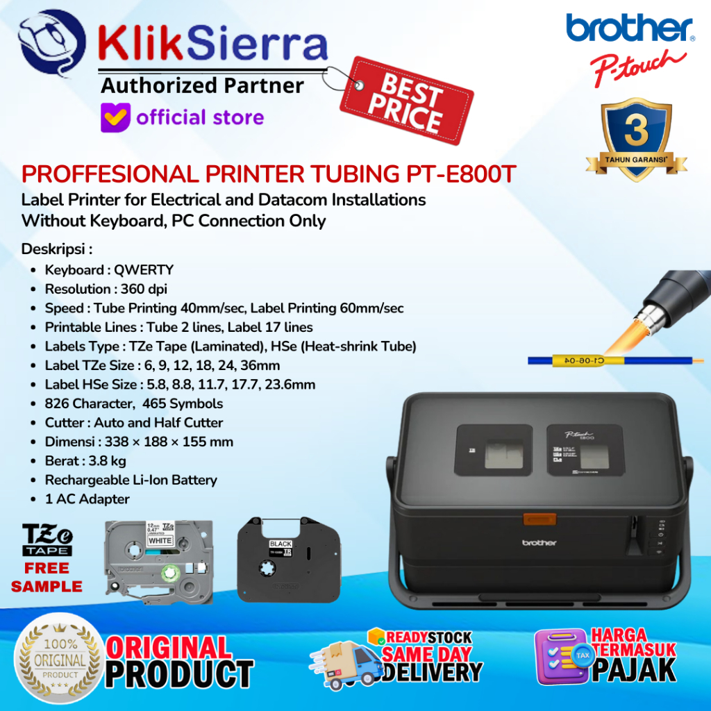 Jual BROTHER PT-E800T PTouch Label Barcode PTE800 Printer Tubing E800 ...