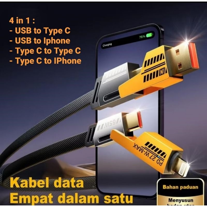 Jual kabel charger Data 4in1 cas ces data USB to Type C USB to Iphone lighting tipe Type C to ...