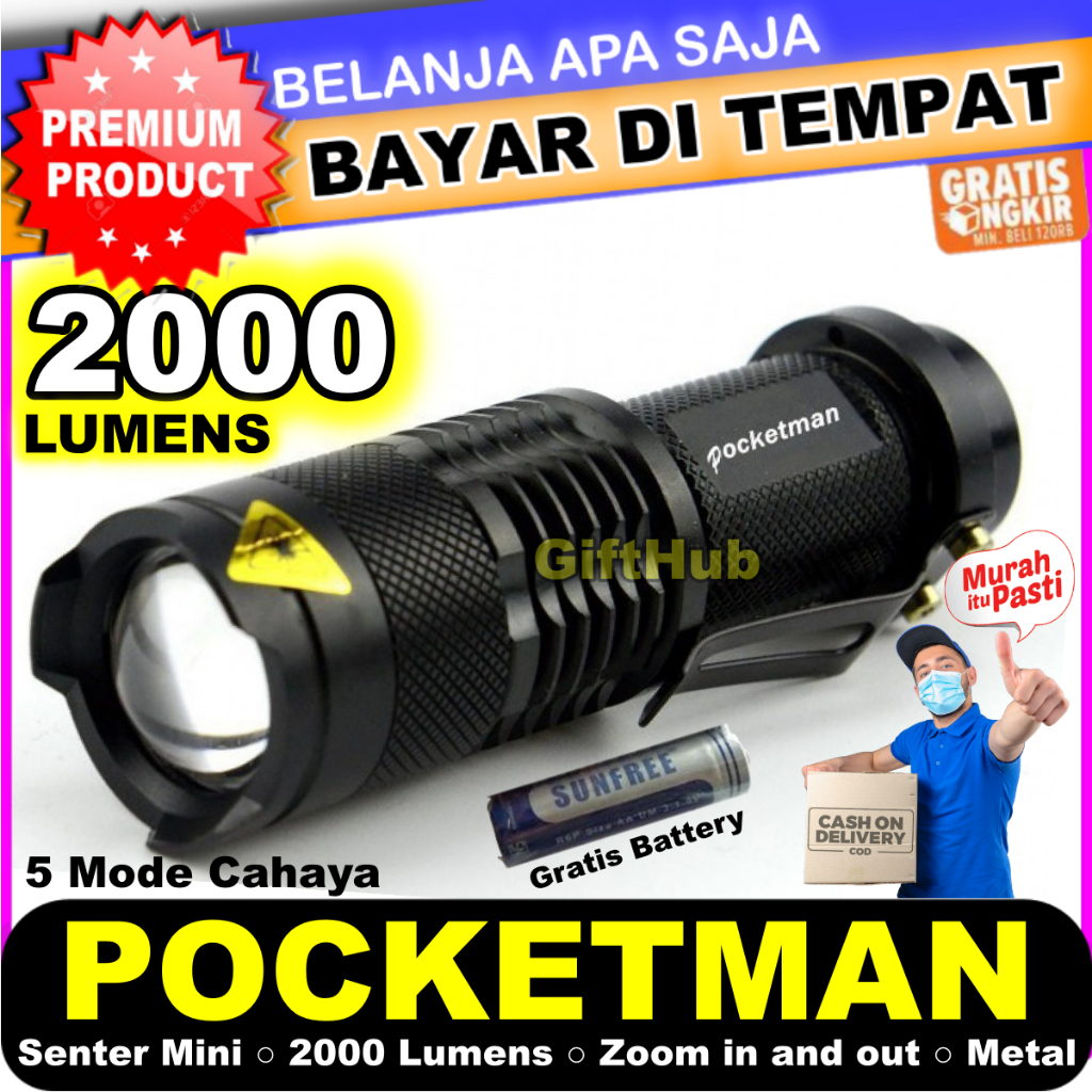 Jual PocketMan Senter LED 2000 Lumens Waterproof Flash Light Anti Air Bisa Zoom Cahaya Terang ...