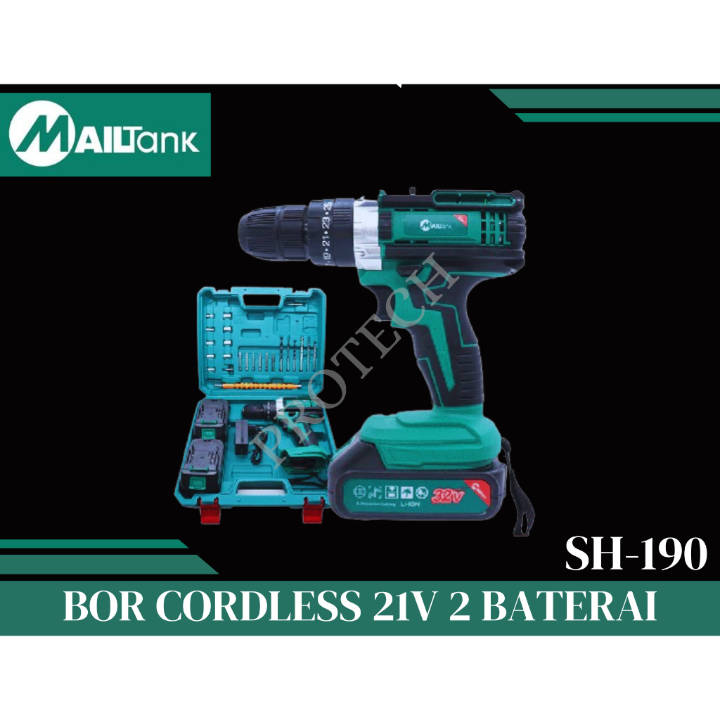 Jual MAILTANK SH190 / MESIN BOR CORDLESS DRILL 21V 10MM 2 BATERAI BONUS ...