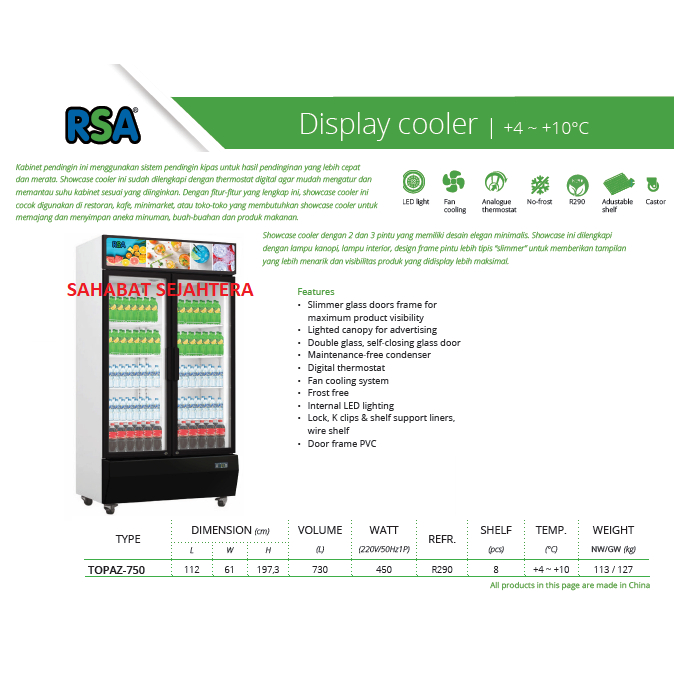 Jual RSA Display Cooler TOPAZ-750 Kulkas Showcase 2 Pintu | Shopee ...